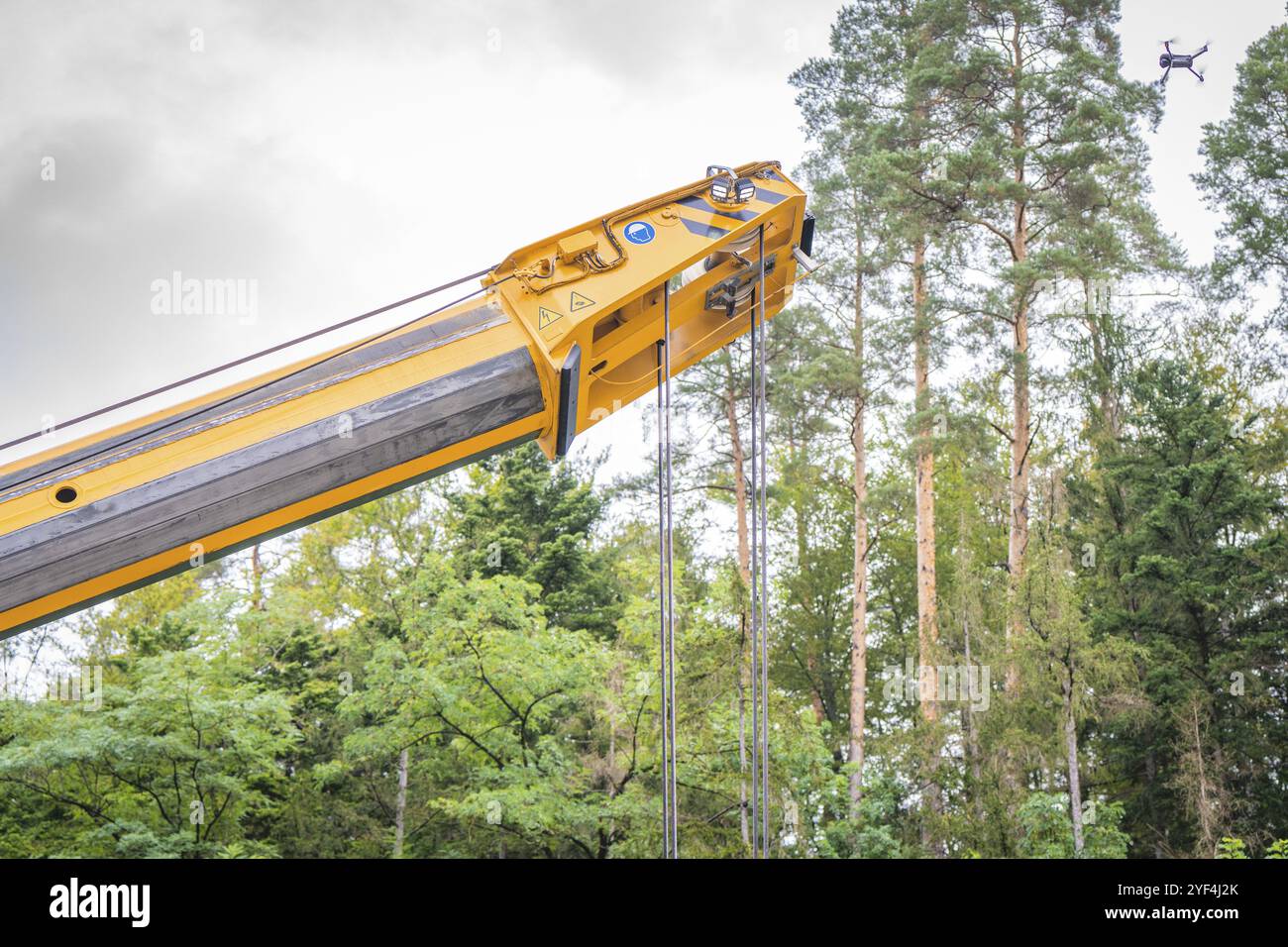 Yellow crane arm with ropes and a flying drone in front of tall trees ...