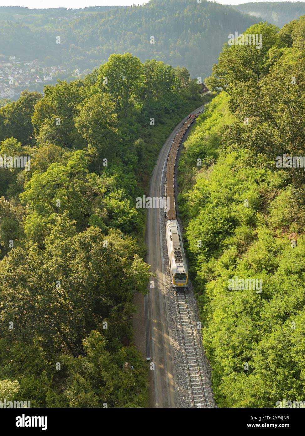 Train on railway tracks between dense trees and wooded hills, track construction, rail delivery ...