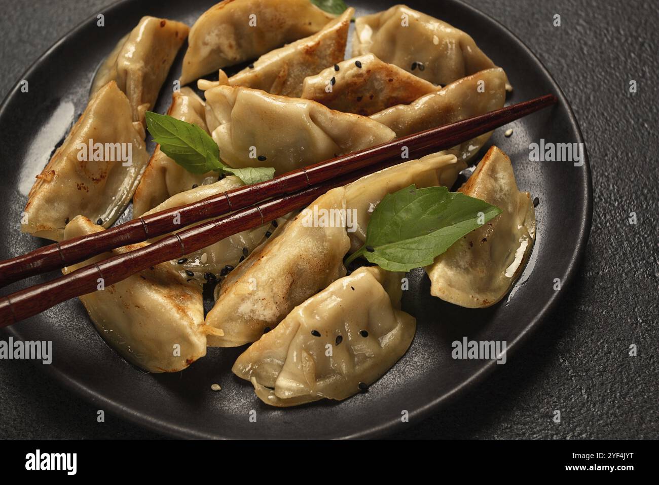Japanese fried dumplings, gyoza, sesame seeds, top view, no people ...