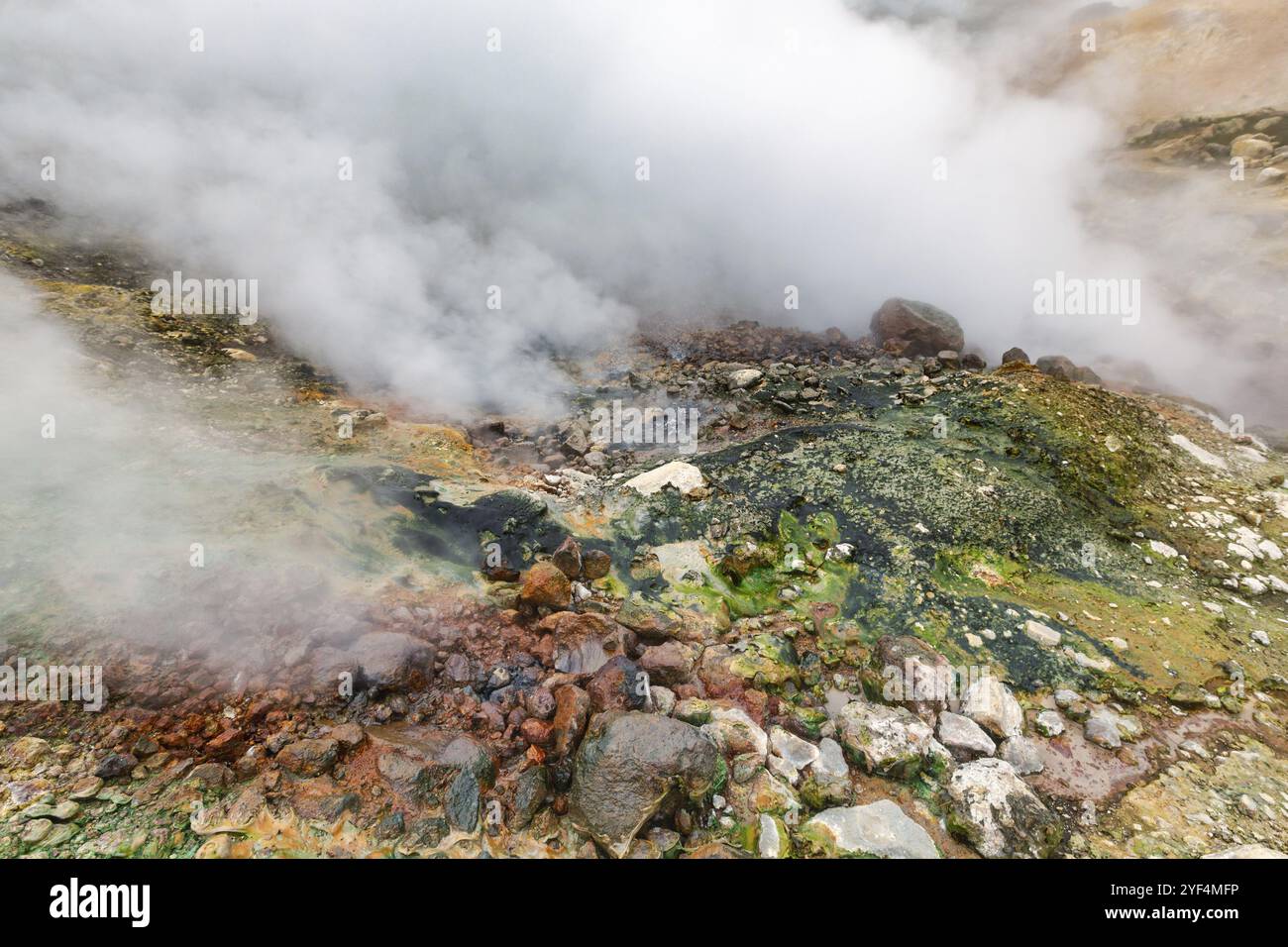Mysterious view of volcanic landscape, aggressive hot spring, eruption ...
