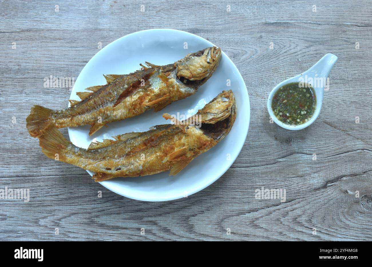 deep fried croaker fish dipping Thai spicy seafood sauce on plate Stock ...