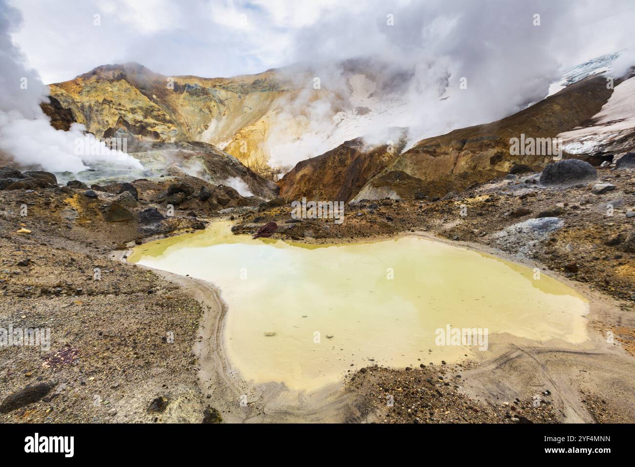 Lake in crater of active volcano. Beautiful dramatic volcanic landscape ...