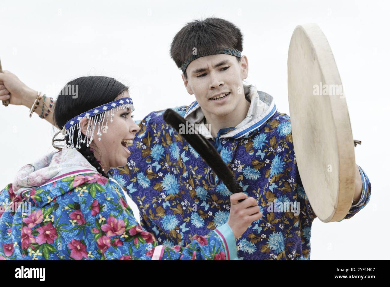 KAMCHATKA PENINSULA, RUSSIA, AUGUST 9, 2014: Woman and a man dancing ...