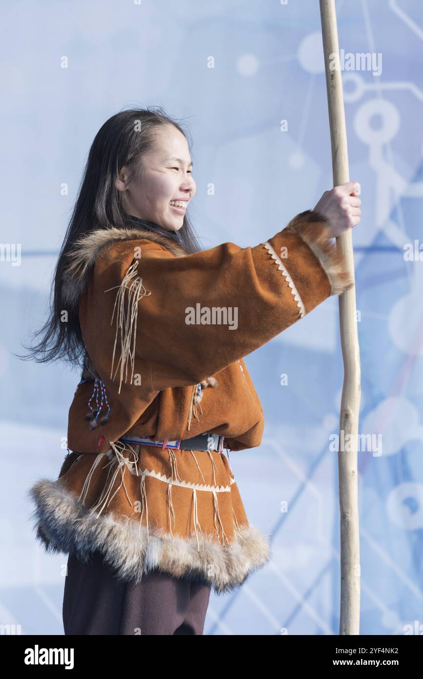 Aboriginal female emotion dancing with spear in national clothes ...