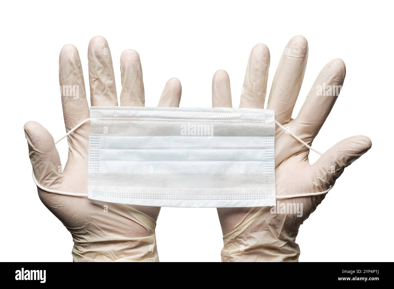 Human hands holding surgery medical face mask in white gloves isolated ...