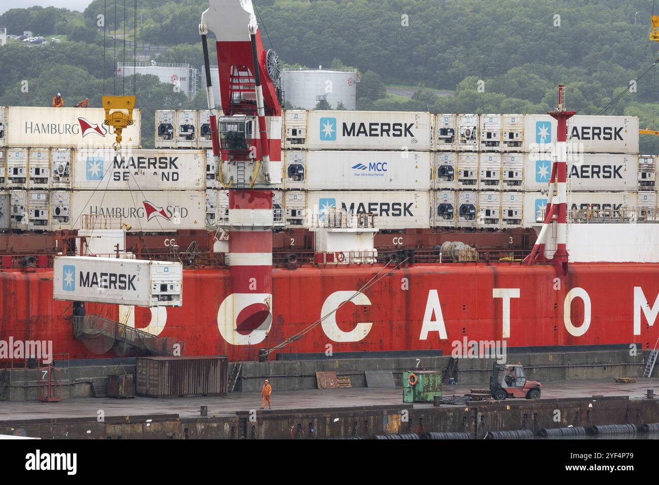 Crane unloaded container cargo ship Sevmorput Rosatomflot, Russian ...