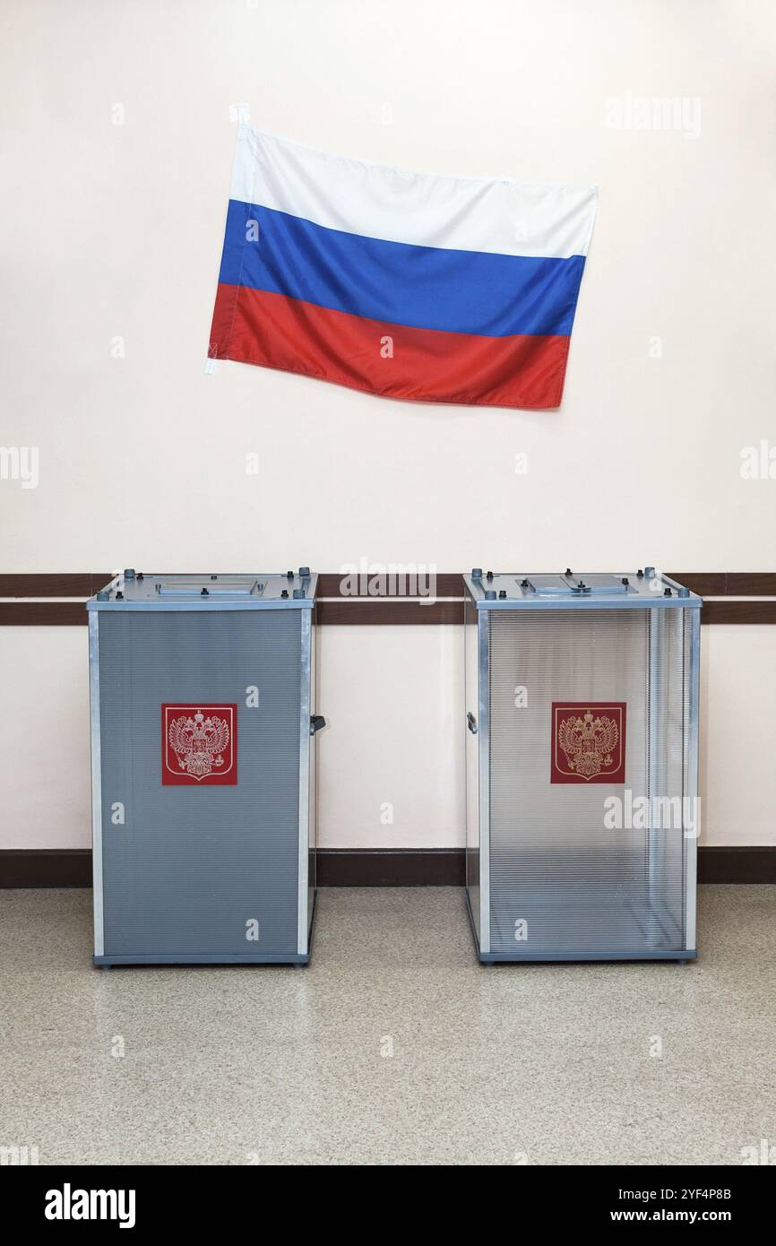 Two ballot boxes for voting in the elections with coat of arms Russia ...