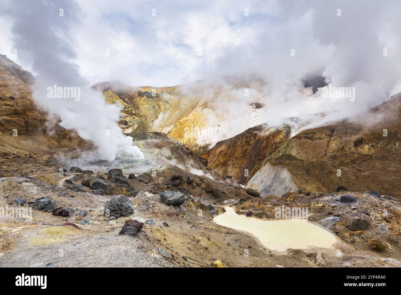 Beautiful mountain landscape, crater of active volcano: fumarole and ...