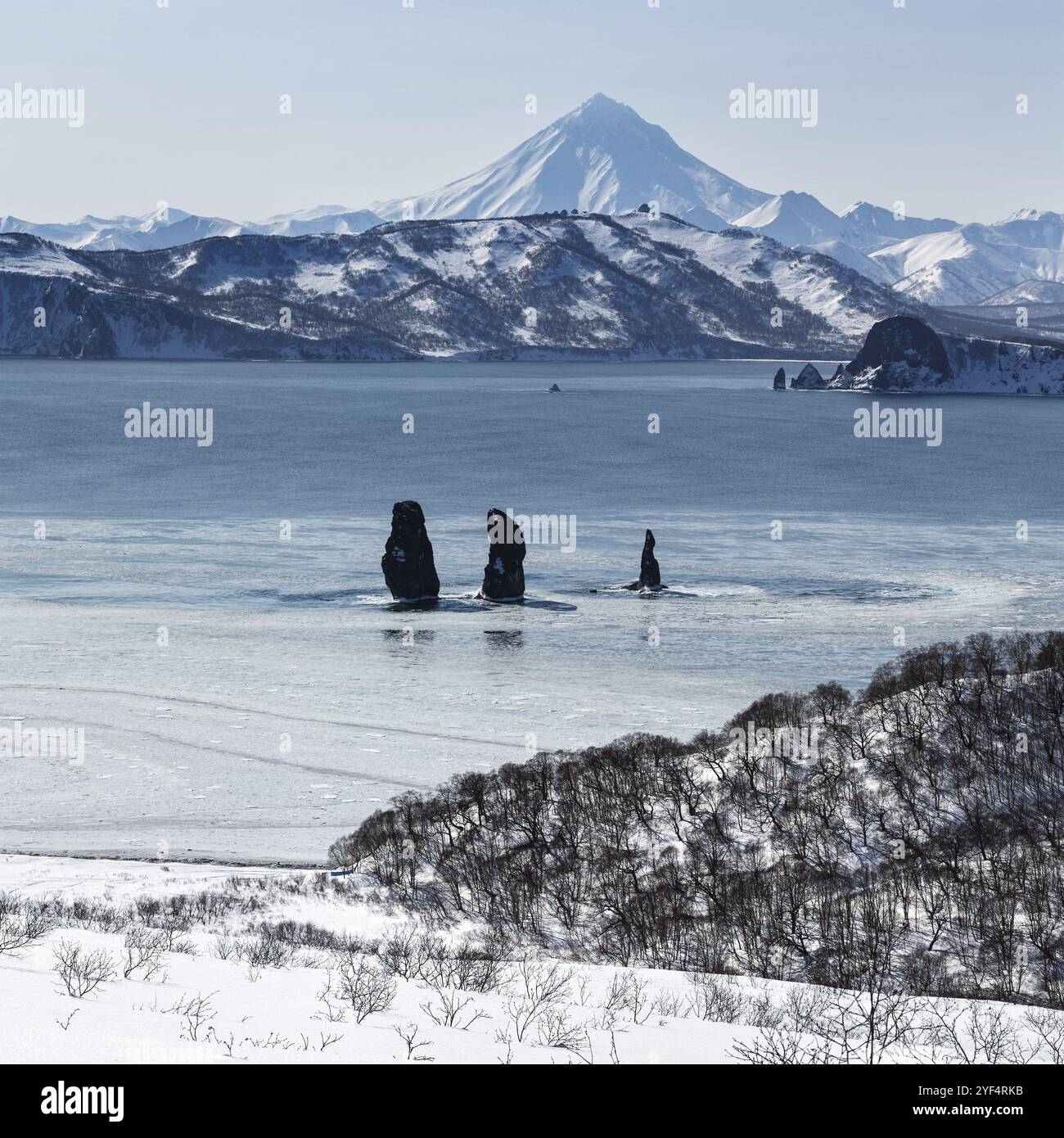 Beautiful landscape of Kamchatka: view on Three Brothers Rocks in ...