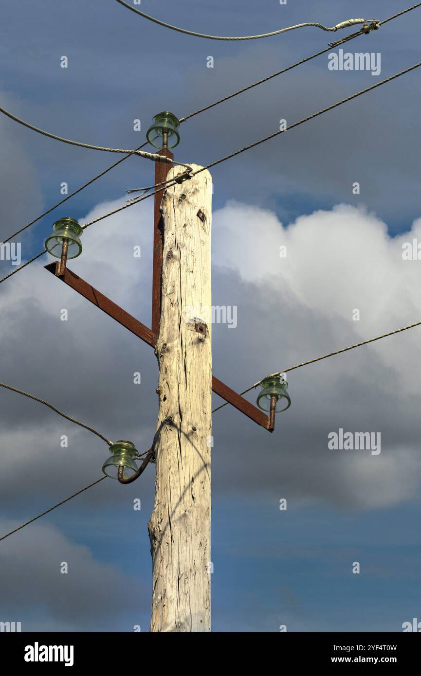 Old wooden high voltage post or high voltage tower, electricity pylon ...