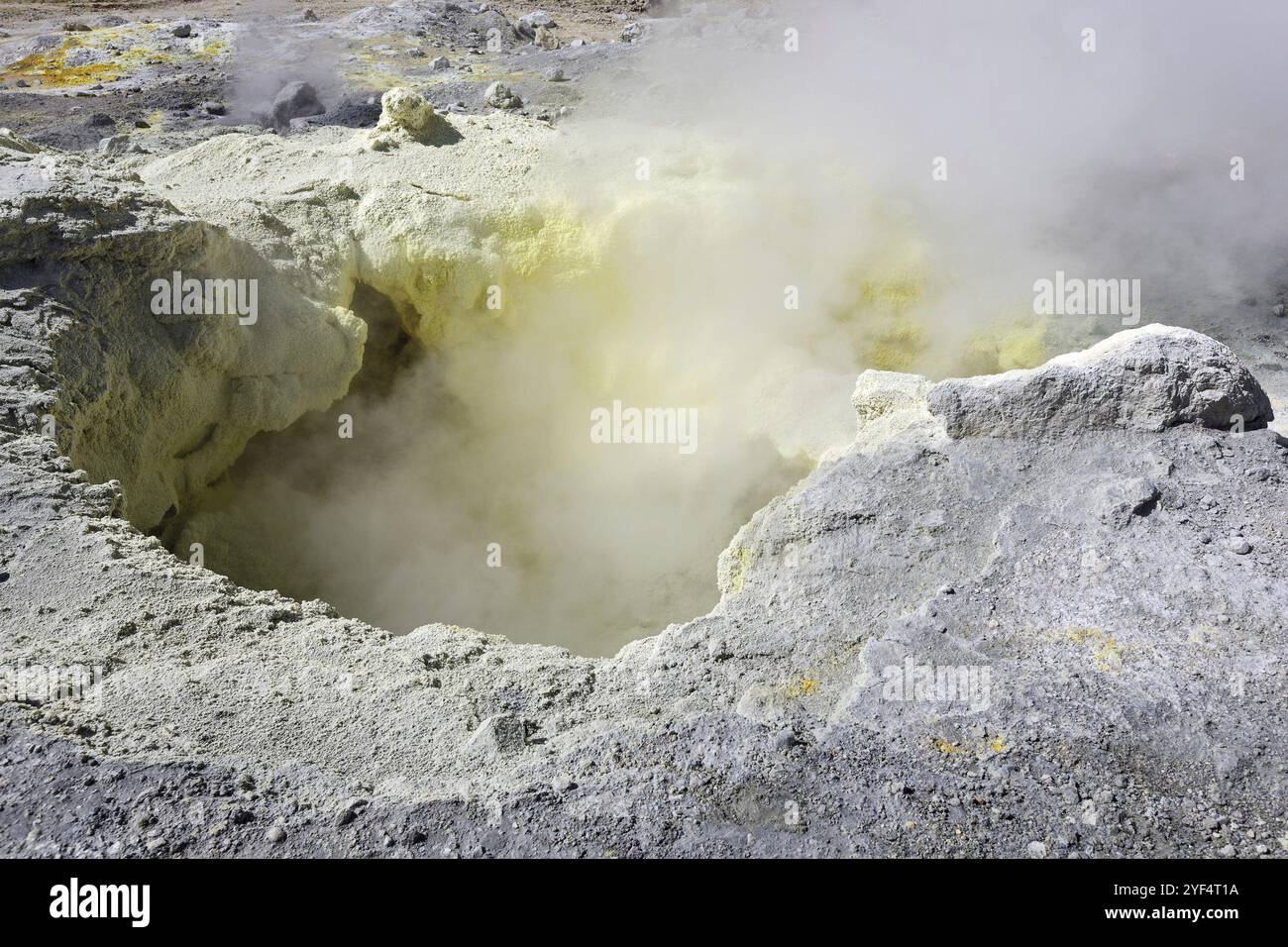 Nature of Kamchatka: hot spring, sulfur fumarole in crater active ...