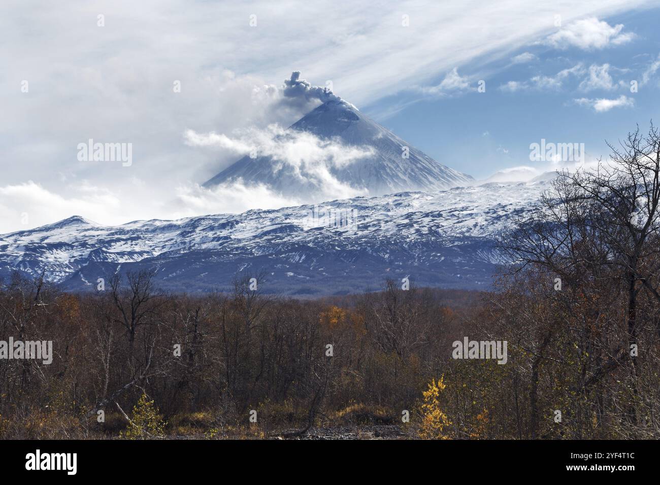 Volcanic landscape of Kamchatka: active Klyuchevskoy Volcano, view of ...