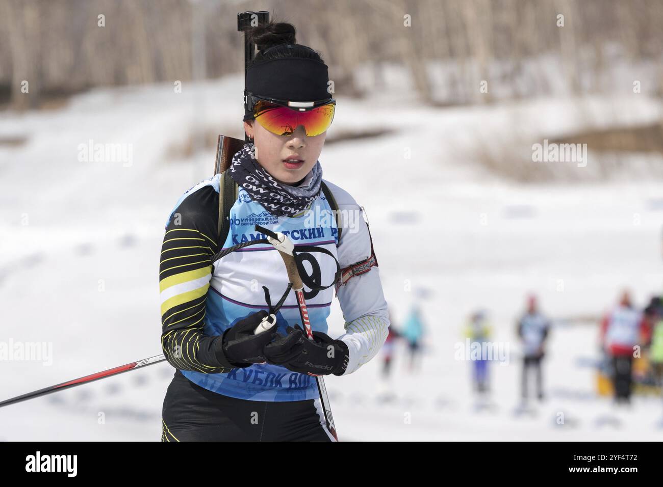 Korean sportswoman biathlete Lee Hyunju South Korea skiing in stadium of biathlon complex during ...