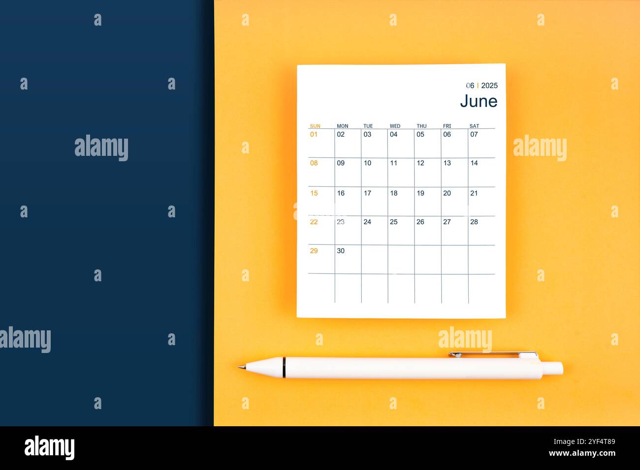 June 2025 calendar card for 2025 year on blue and yellow color ...