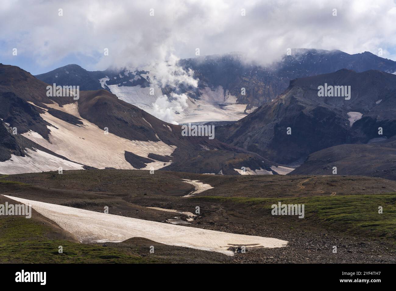 Autumn volcanic landscape of Kamchatka Peninsula, view of cone active ...