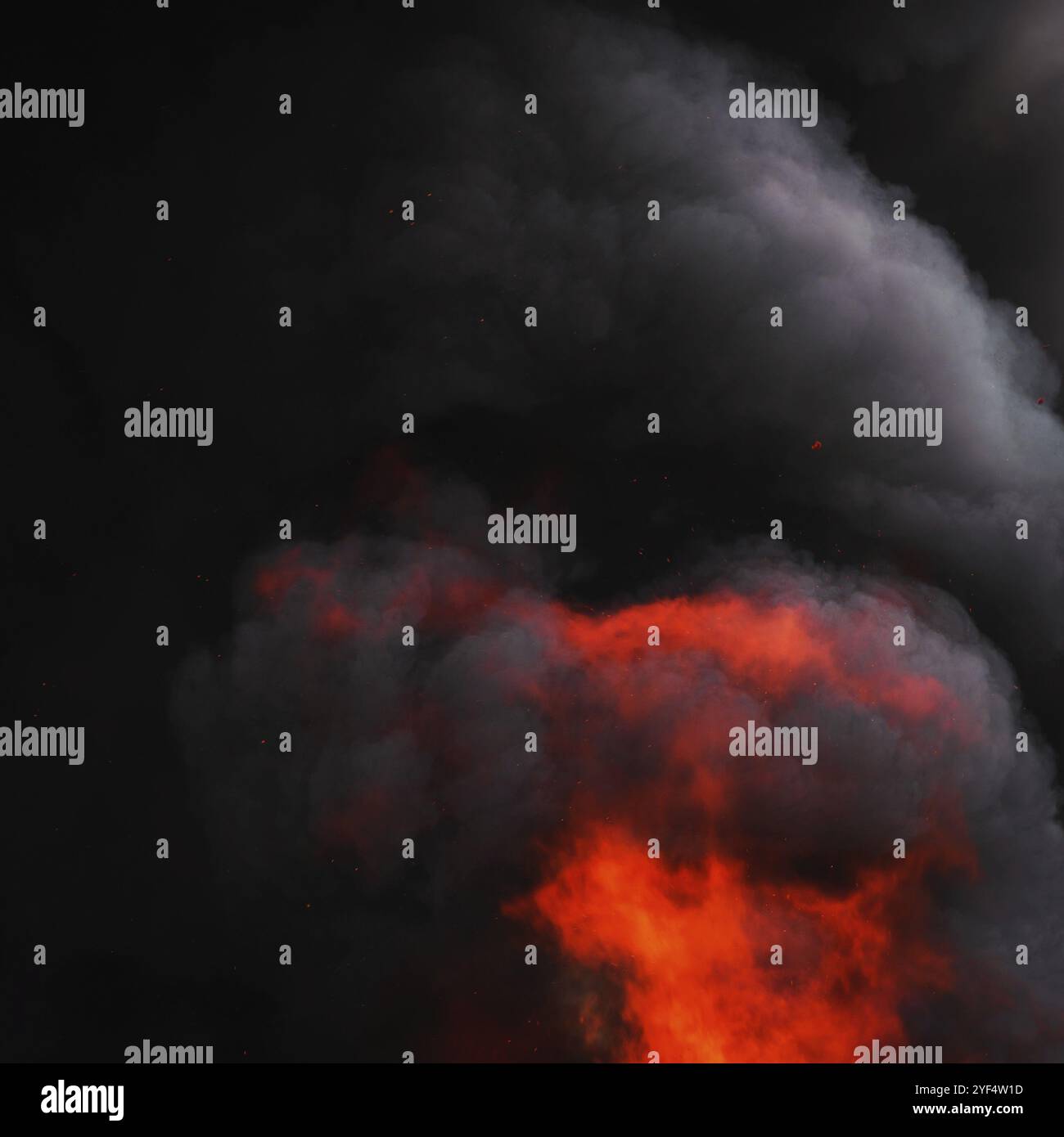 Dangerous flames of strong red fire and motion dramatic clouds of black ...