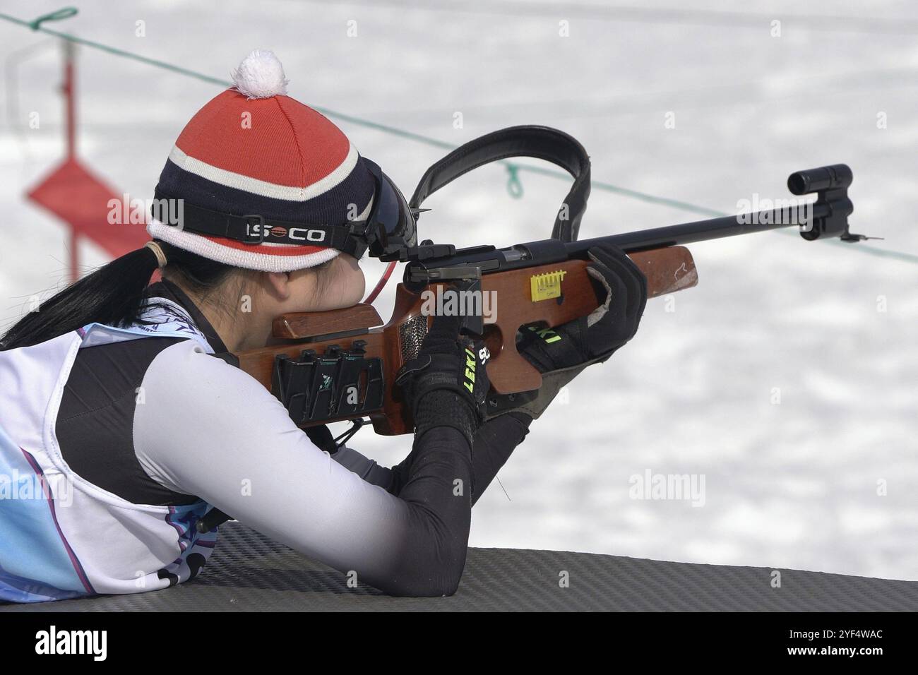 Sportswoman biathlete aiming, rifle shooting prone position. South ...