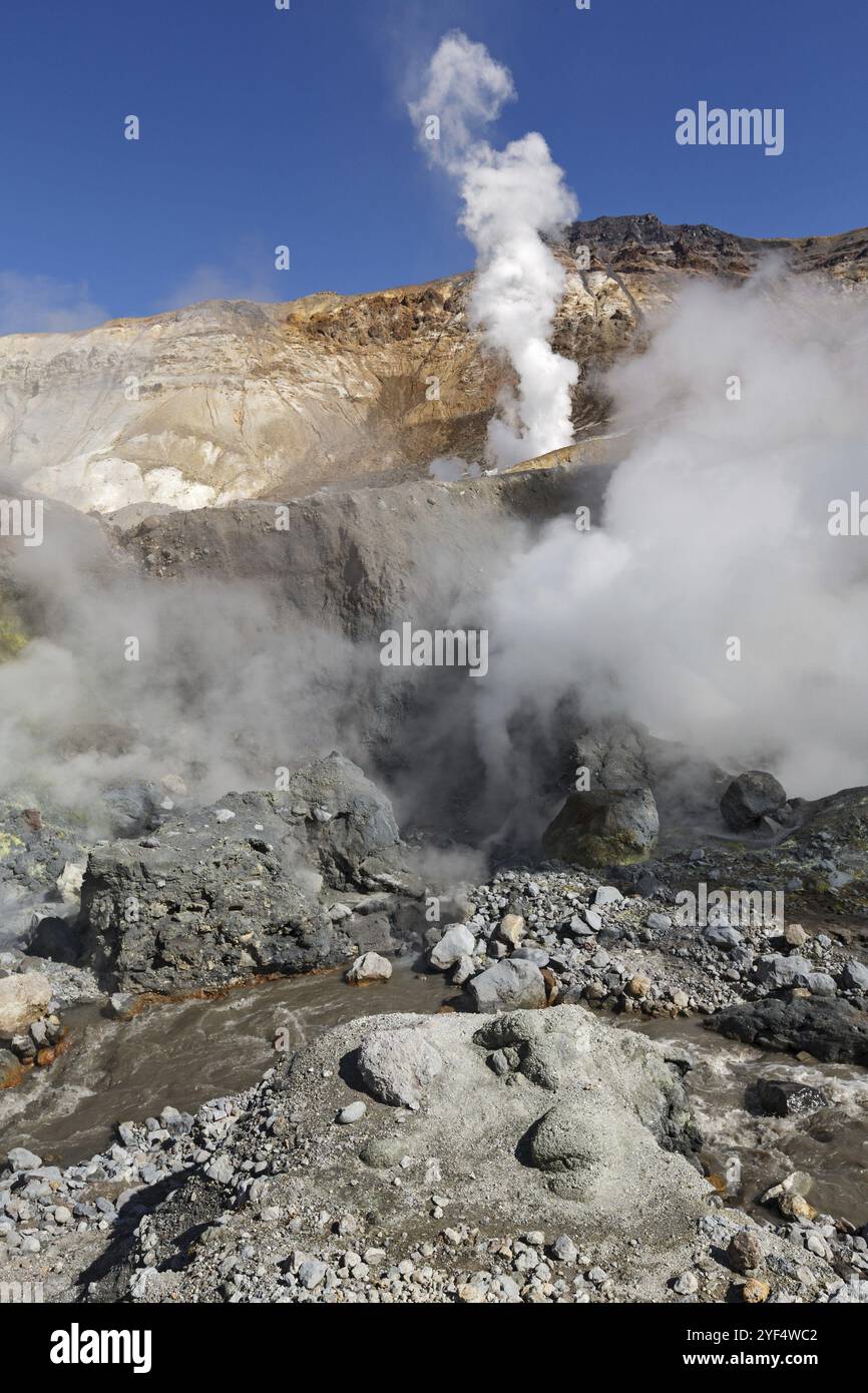 Volcanic landscape of Kamchatka: hot springs, fumaroles field in crater ...