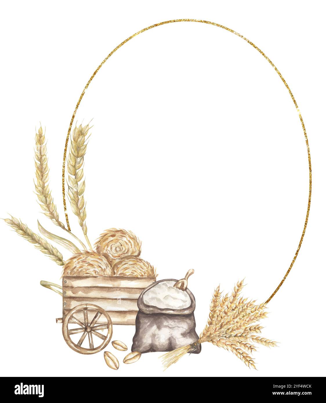 Watercolor field plant wheat frame illustration, hand drawn farm card ...