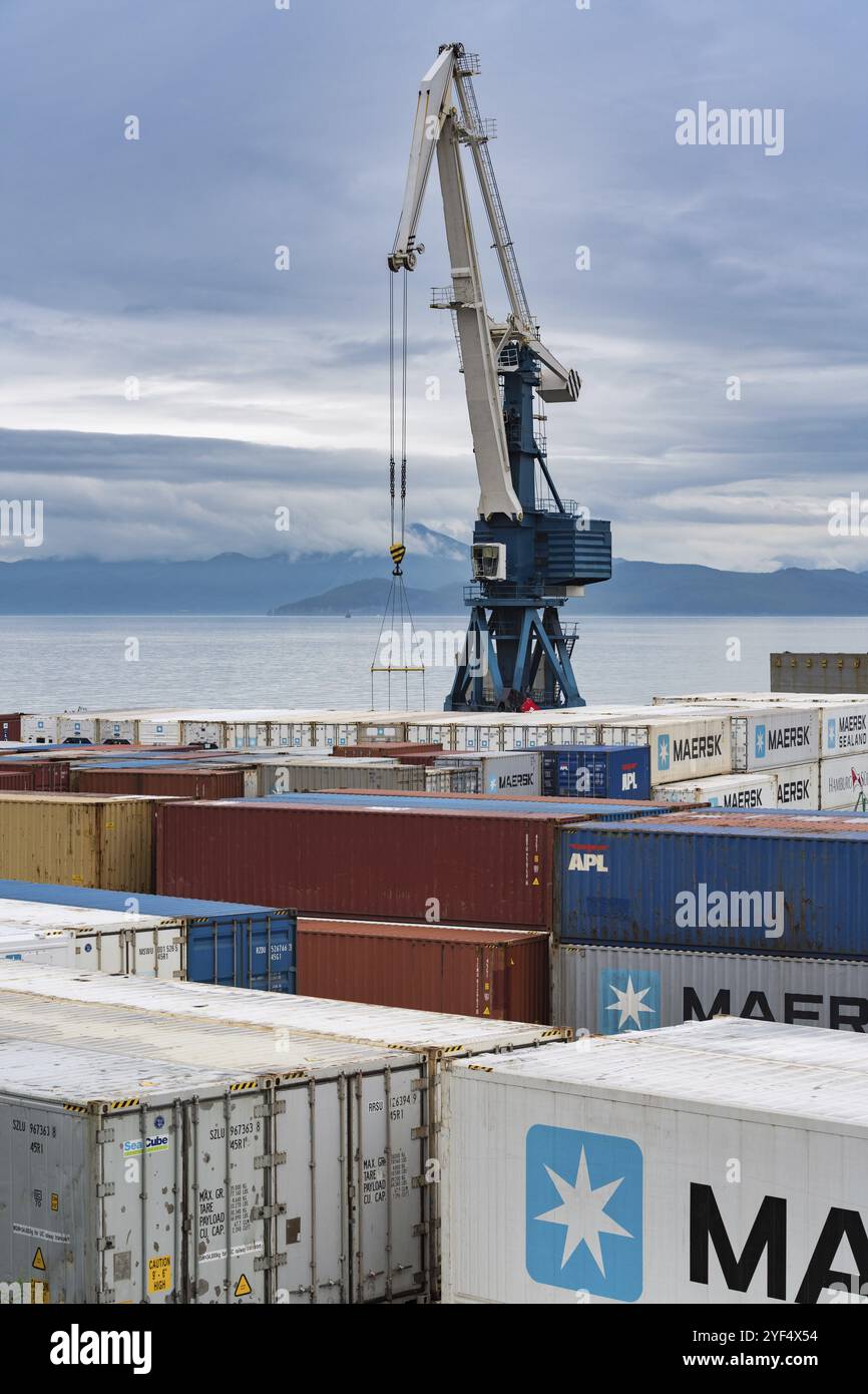 Harbor gantry crane and many containers for shipping sea storage at ...