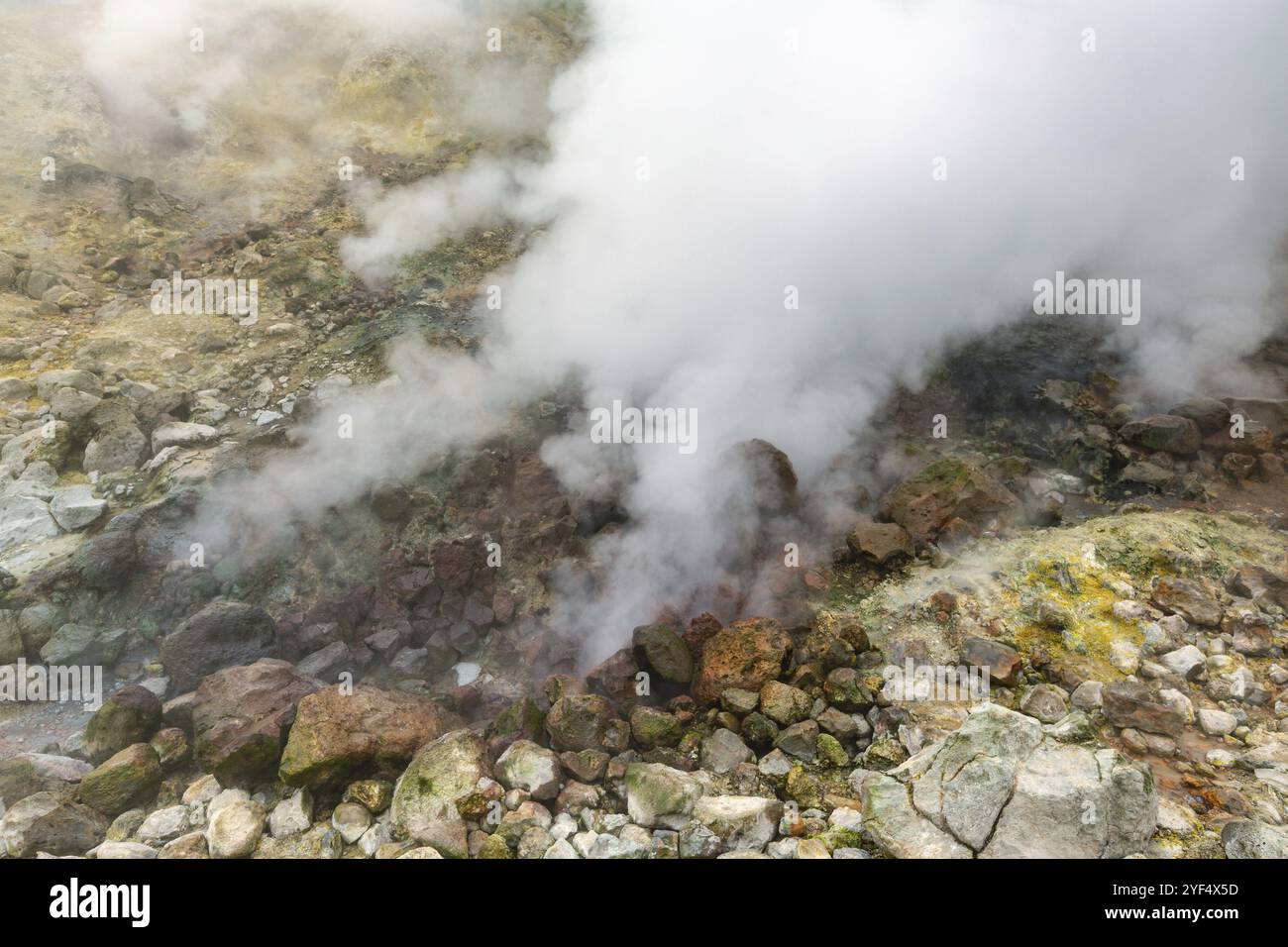 Exciting view of volcanic landscape, erupting fumarole, aggressive hot ...
