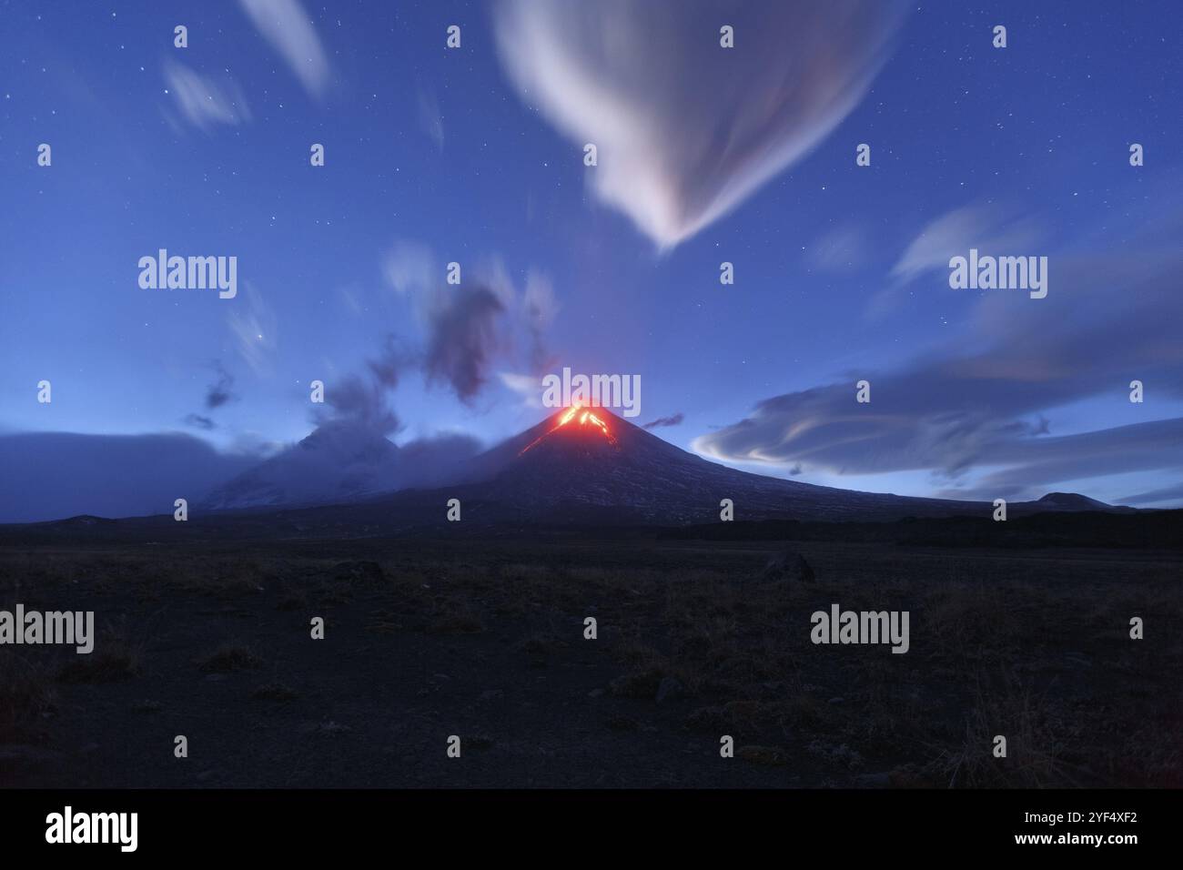 Beautiful volcanic landscape of Kamchatka: night view of eruption ...