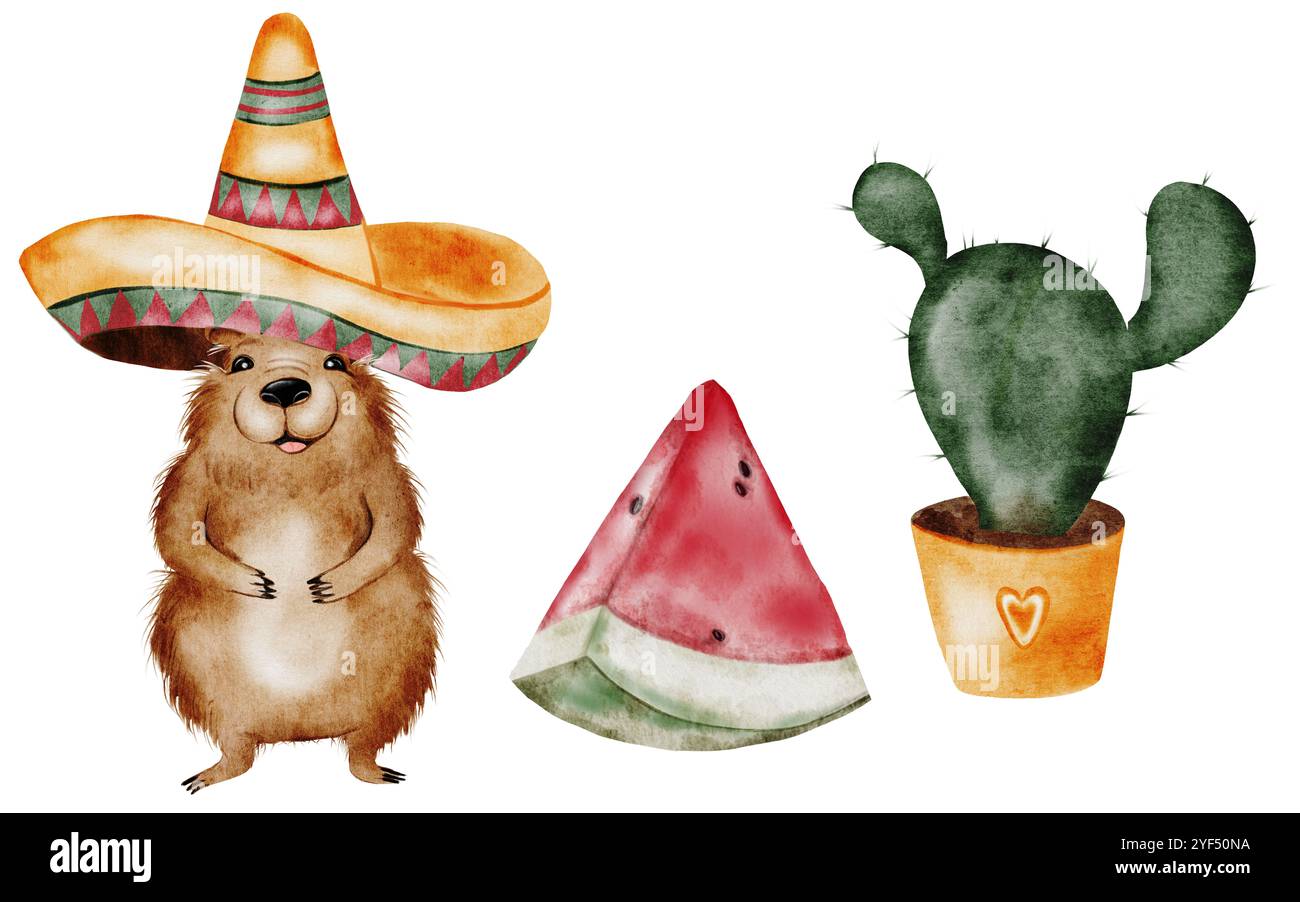 Capybara watercolor. A funny cartoon animal in a Mexican sombrero hat ...