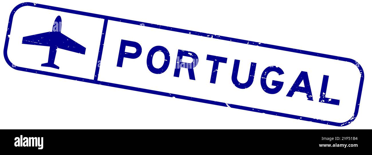 Grunge blue portugal word with plane icon square rubber seal stamp on ...