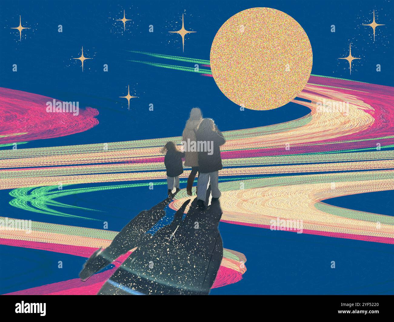 Futuristic collage with a mom and kids walking a winding road in starry ...