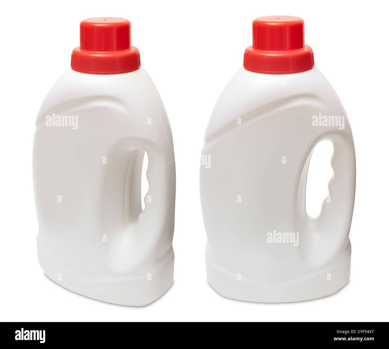 White blank plastic detergent bottles with red caps and side handles ...