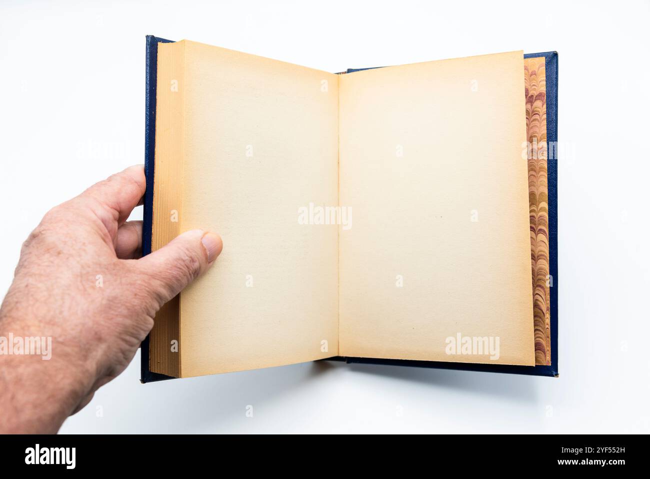 Libro abierto con las páginas en blanco sujetado por una mano Stock ...