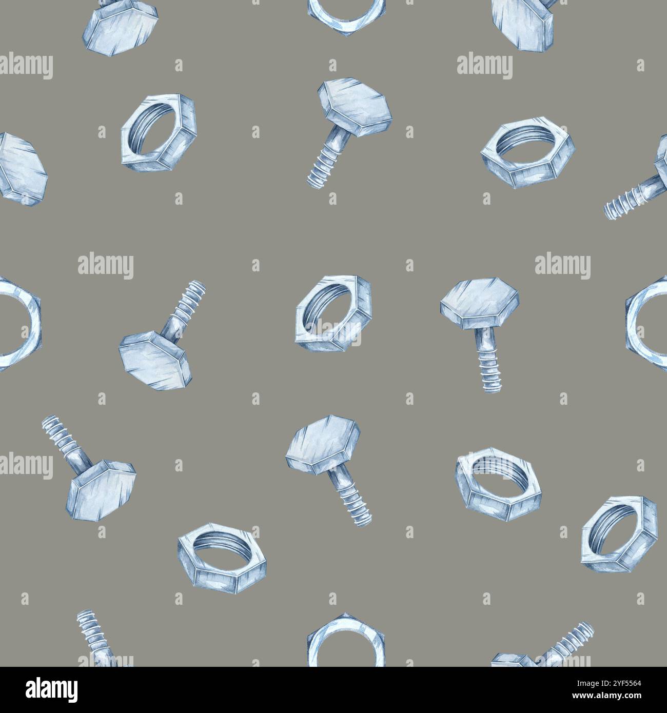 Light gray background with nuts, bolts, and screws in watercolor ...