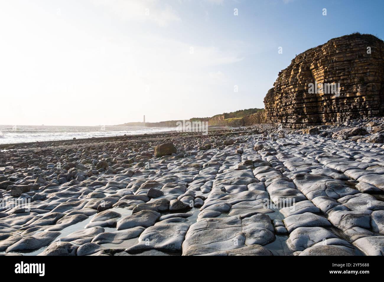 A view from Rhoose point, a coastline with cliffs showing rock strata ...