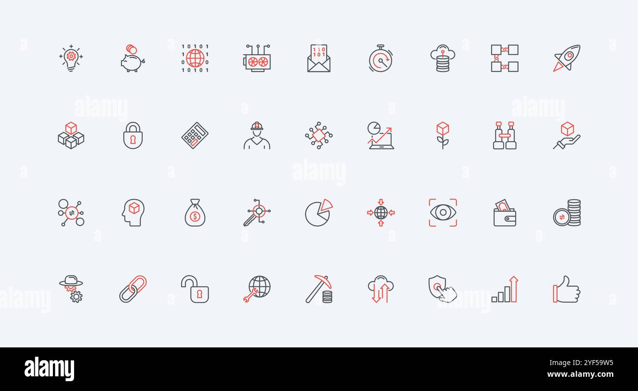 Defi, decentralized finance, fintech security and crypto money, mining line icon set. Futuristic ...