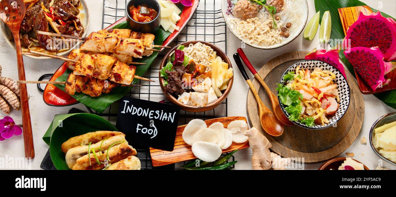 Assorted indonesian food set- nasi goreng, Rendang Pork, satay, bakso ...