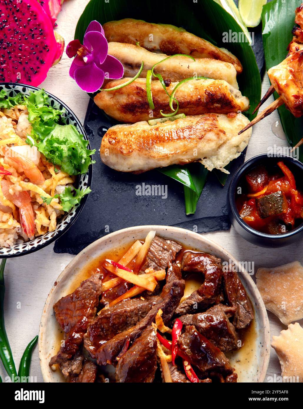 Assorted indonesian food set- nasi goreng, Rendang Pork, satay, bakso ...