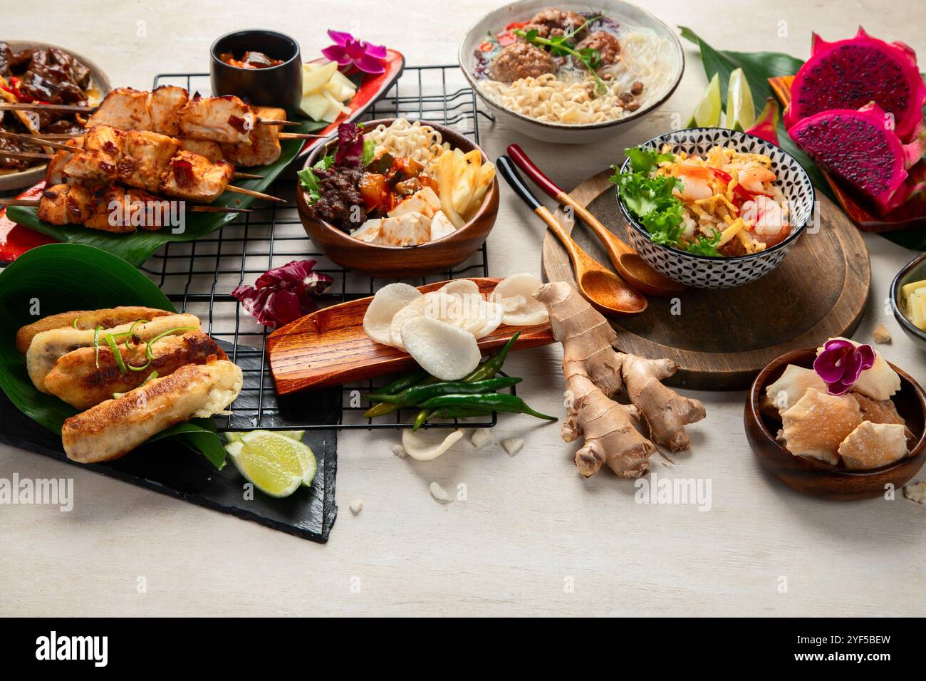 Assorted indonesian food set- nasi goreng, Rendang Pork, satay, bakso ...