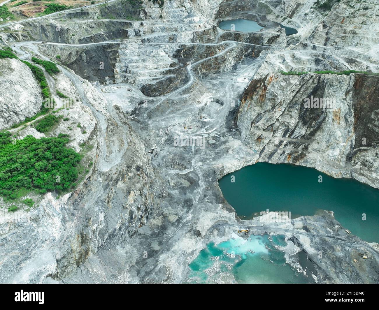 Open pit mine industry. Limestone quarry with backhoe and truck in ...