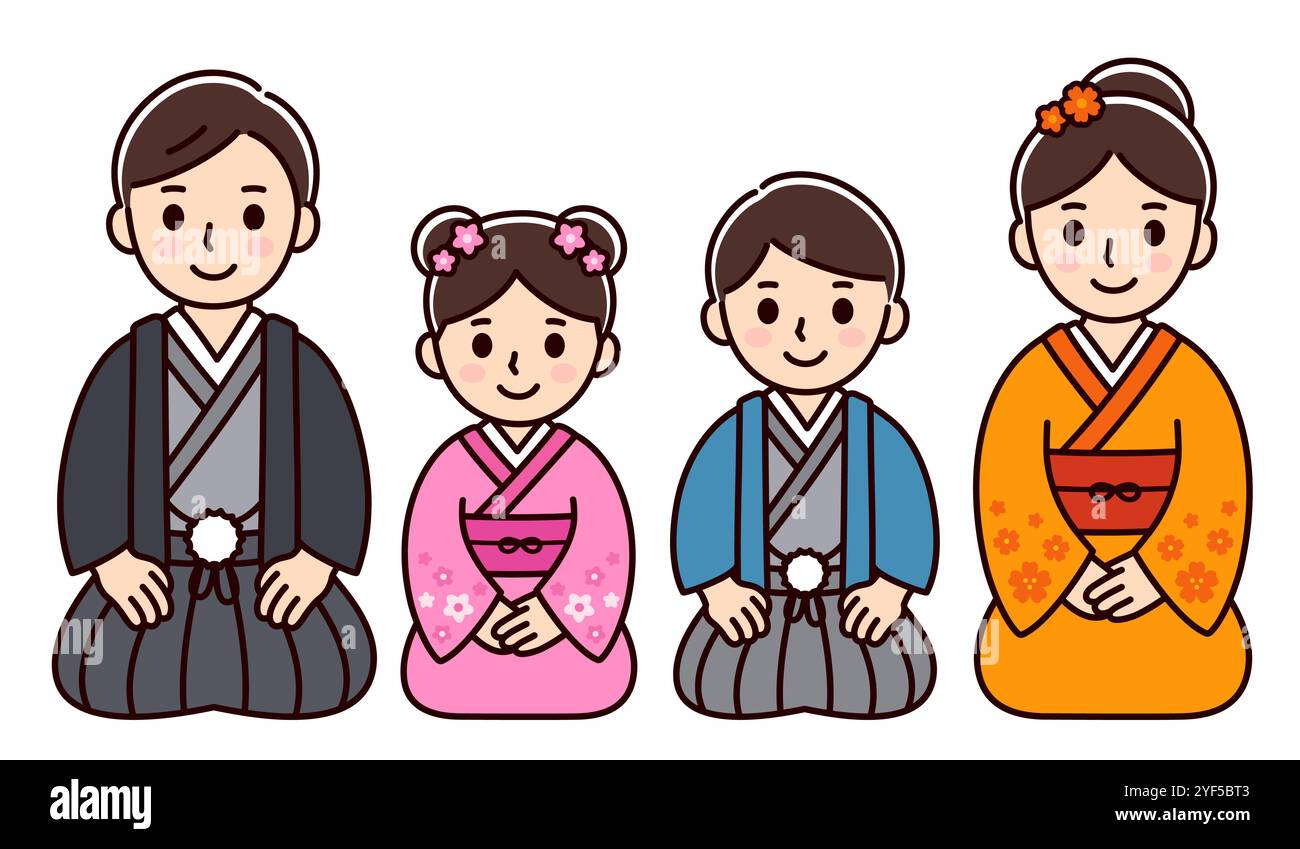 Cute cartoon family in national Japanese costumes sitting on the floor ...
