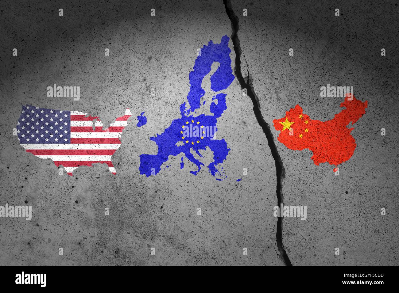 Flag map of US, EU and China painted on cracked wall. China, Europe ...