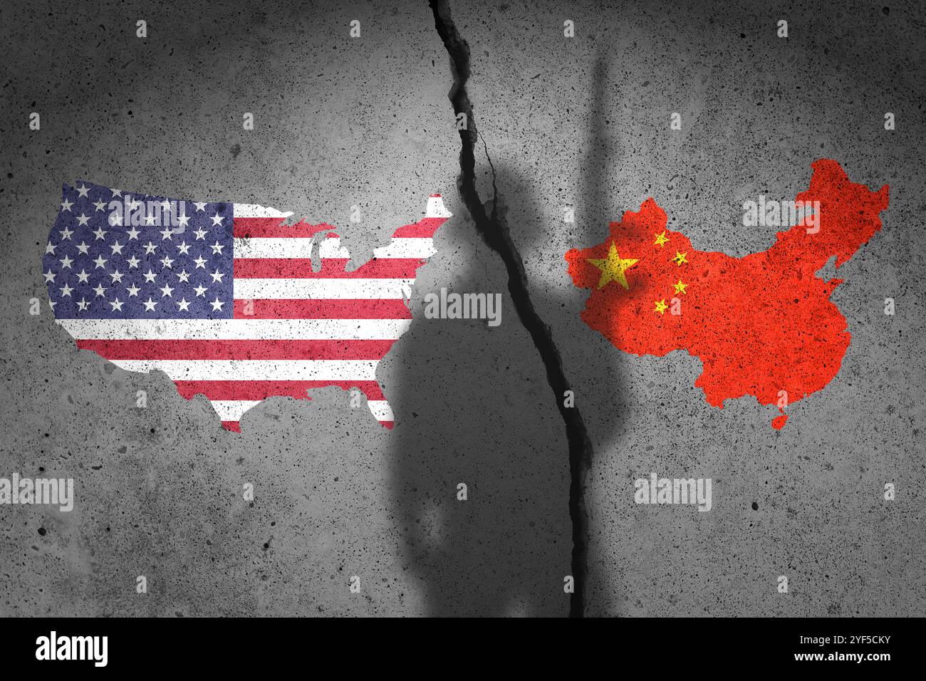 Flag map of US and China painted on cracked wall with soldier shadow ...