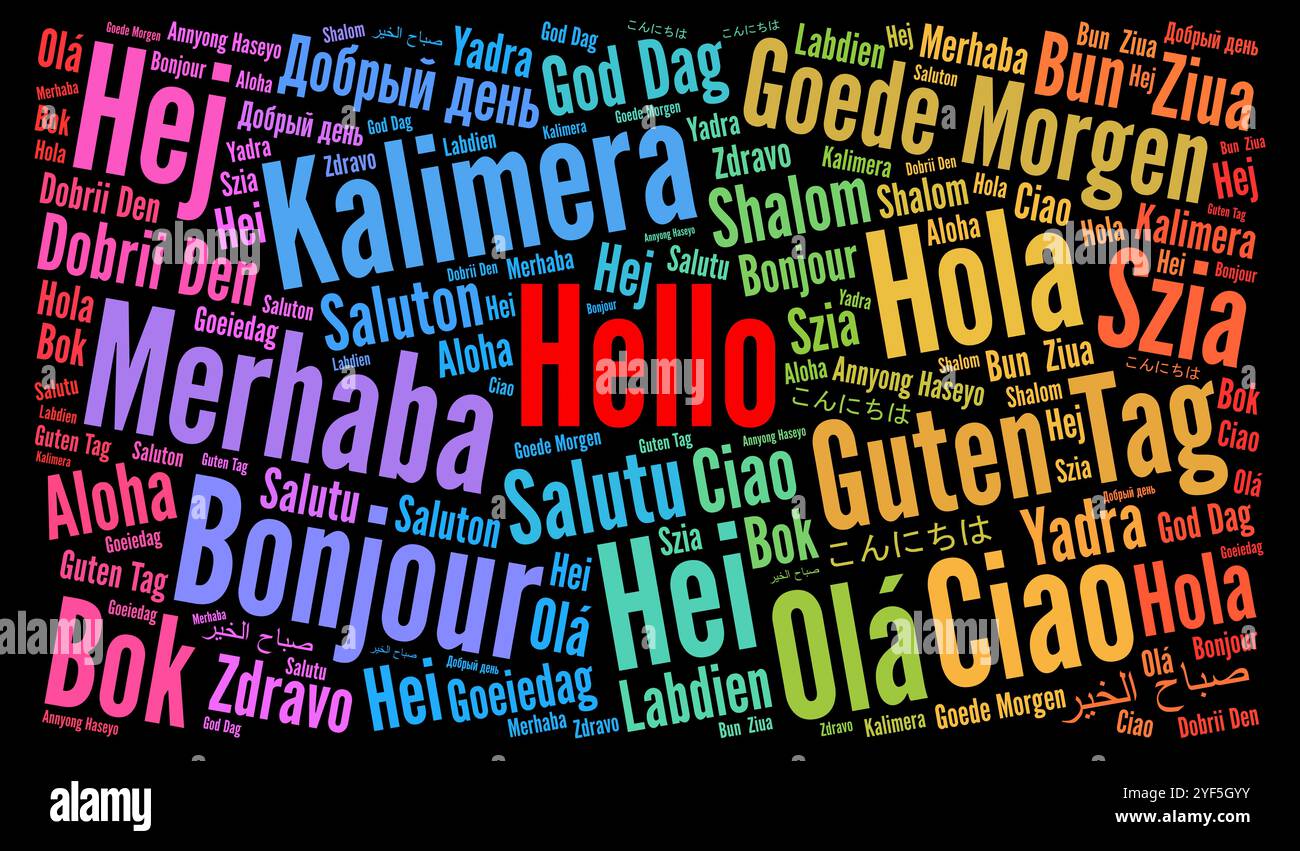 Hello in different languages word cloud Stock Photo - Alamy