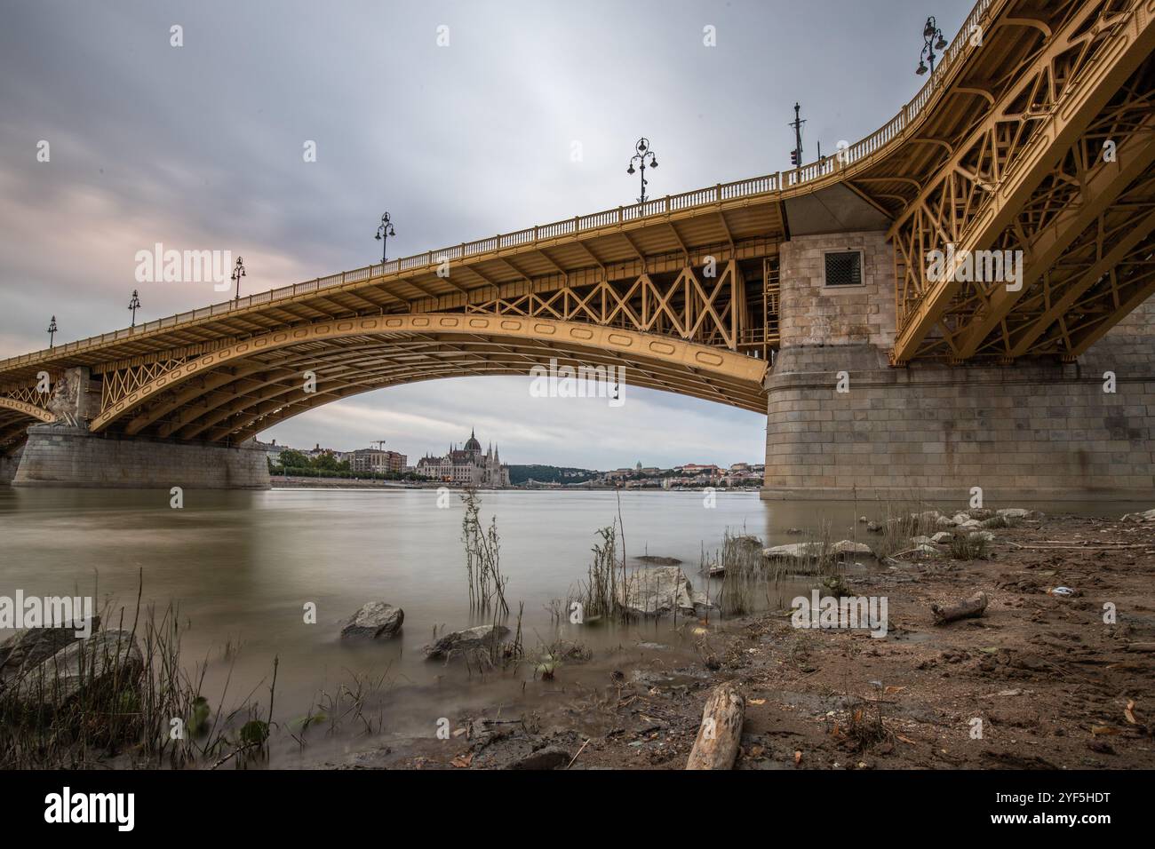 Bridge in the morning on the Danube. Landscape and architecture in the ...