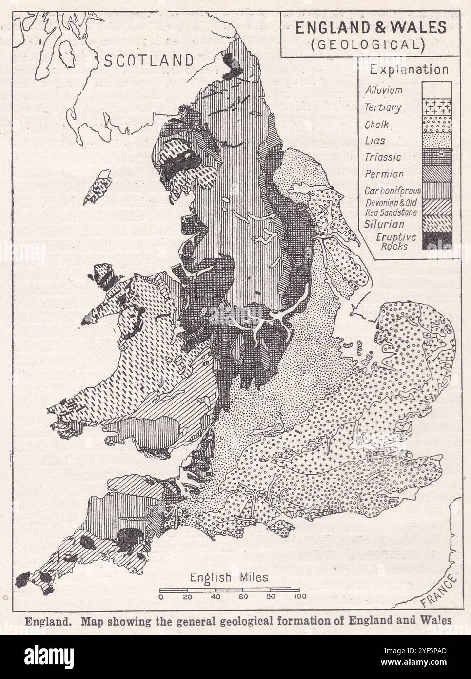 Vintage map of England showing the general geological formation of ...
