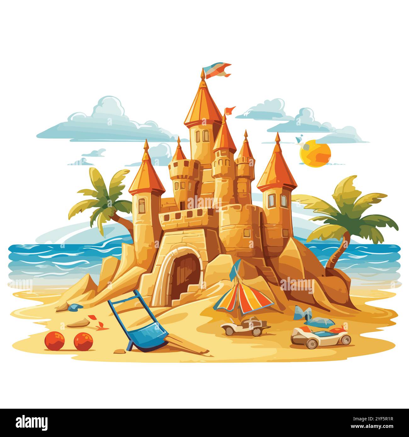 Beach scene with sand castle and objects Stock Stock Vector Image & Art ...