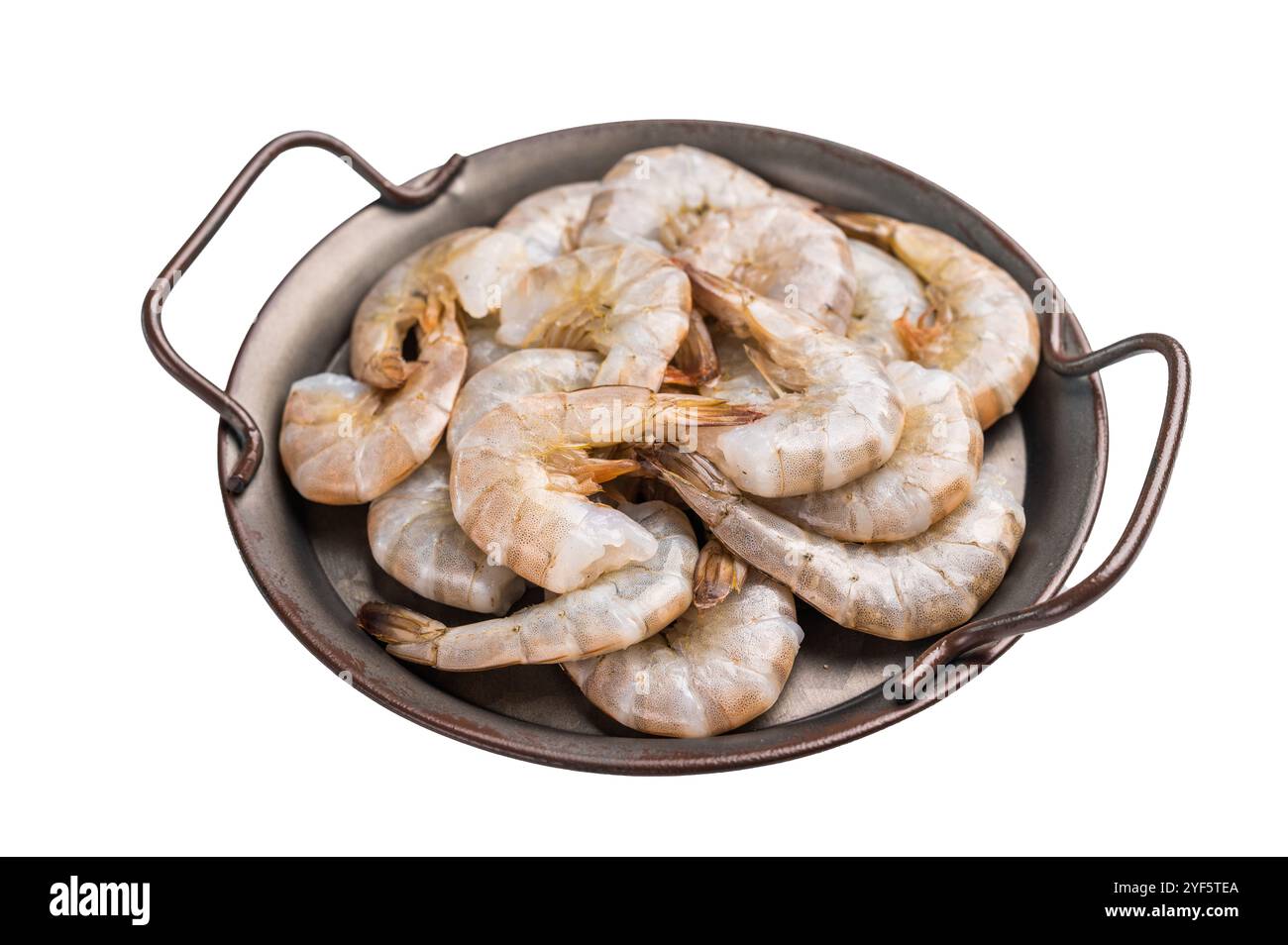 Raw white shrimps, headless fresh prawns in a tray isolated on white ...
