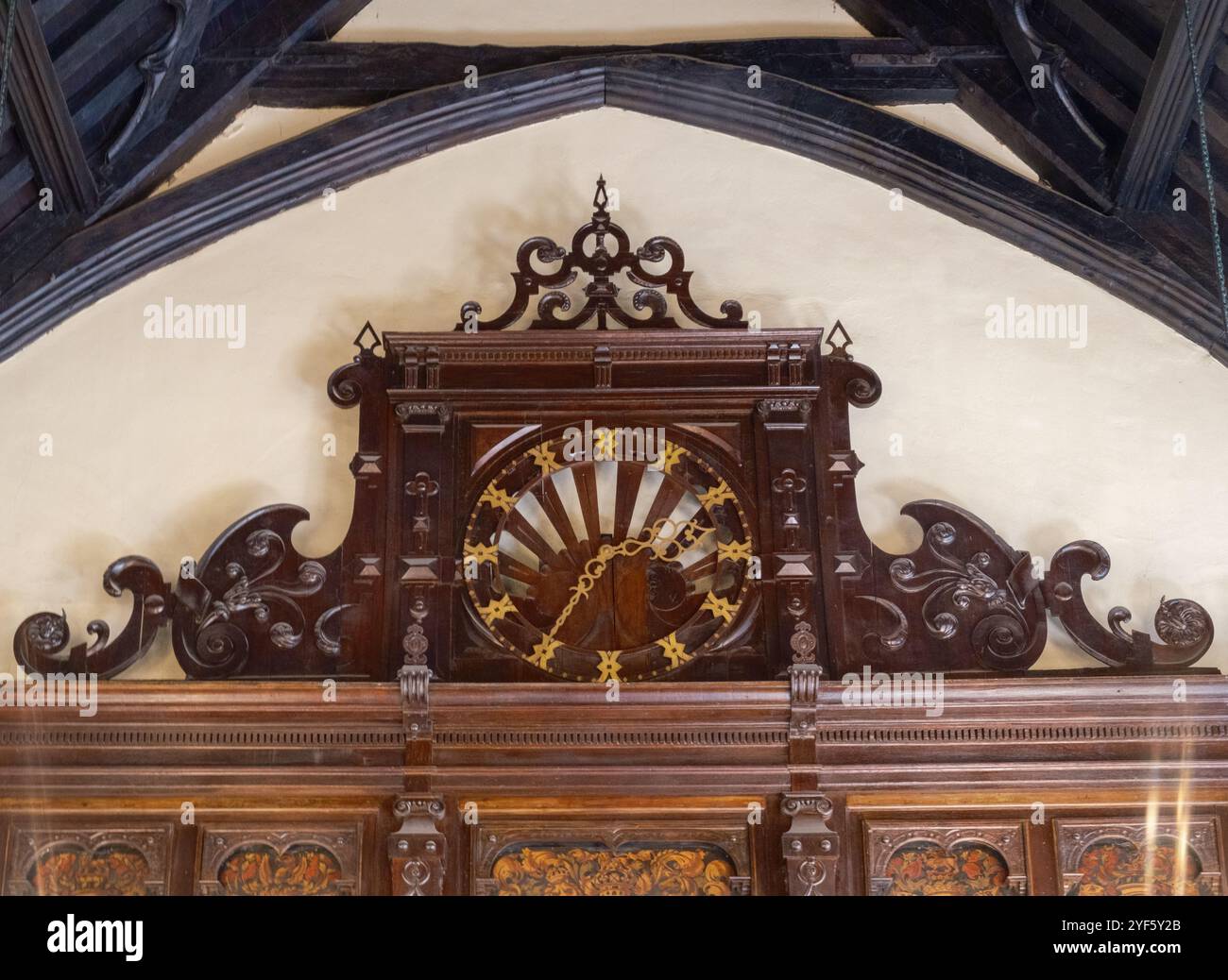 Close-up of beautifully carved wooden clock screen by Inigo Jones in ...
