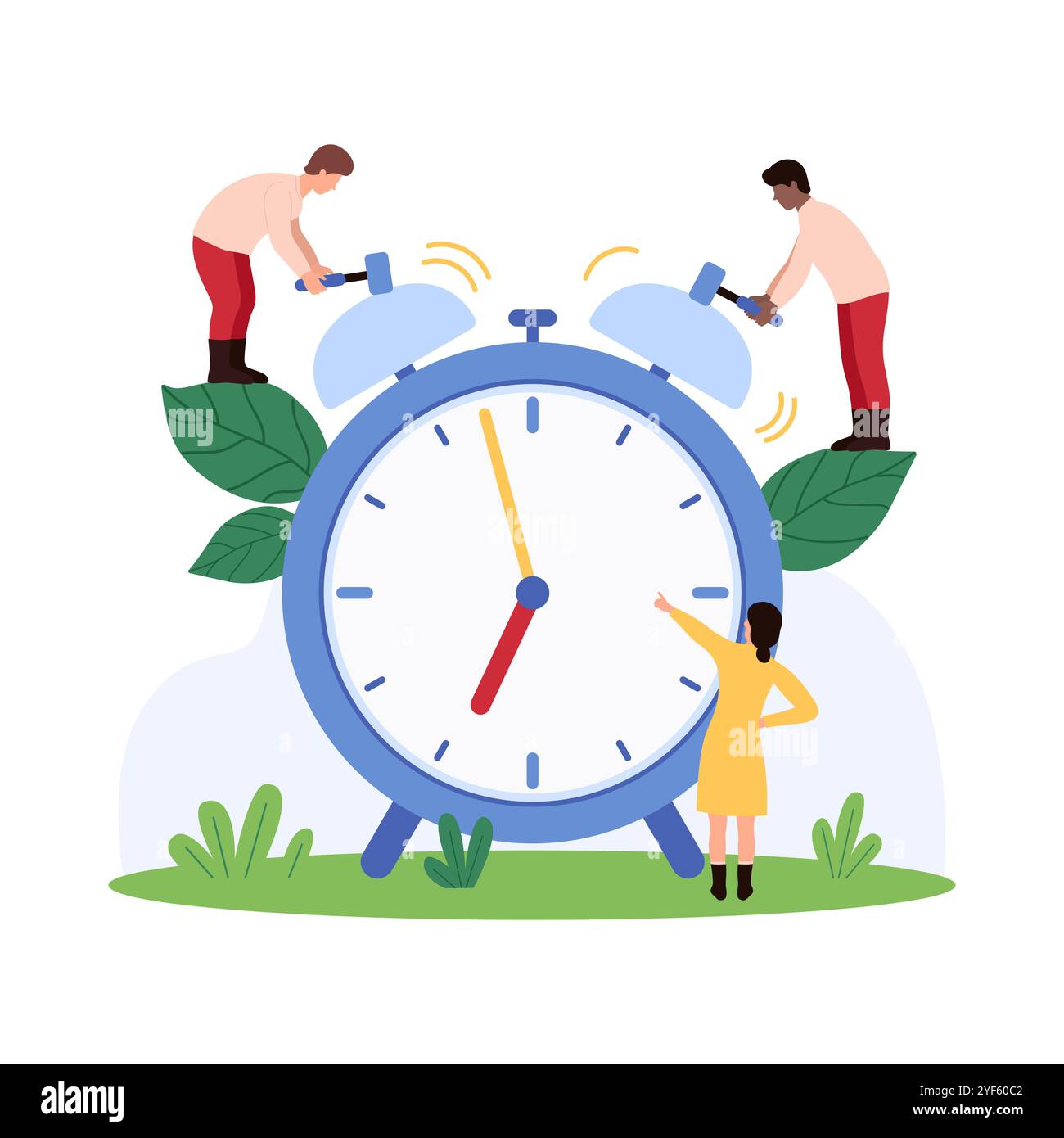 eam members working together to adjust a giant alarm clock. Symbolizes ...