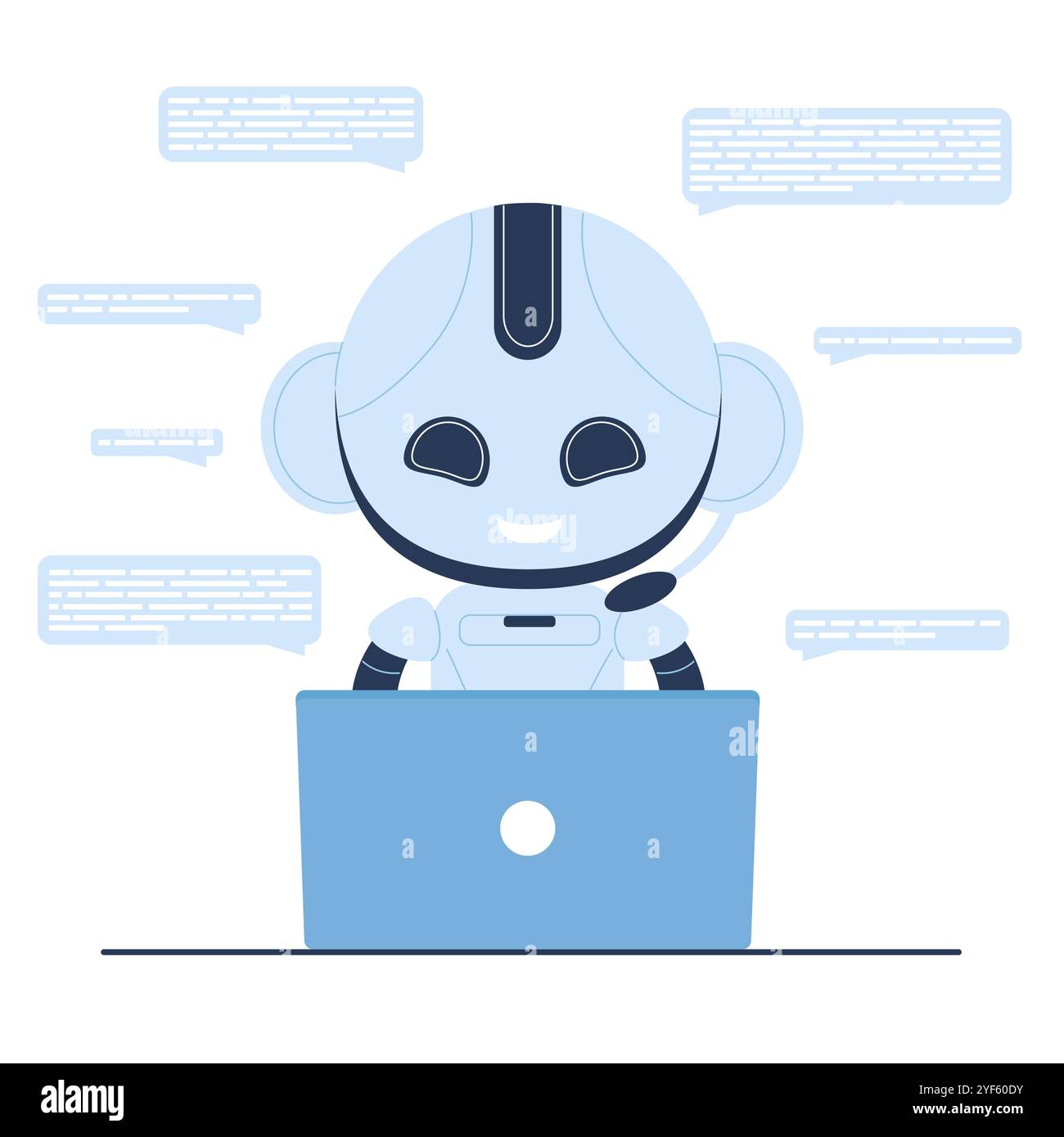 A friendly chatbot interacts with users through a laptop. Chat bubbles ...