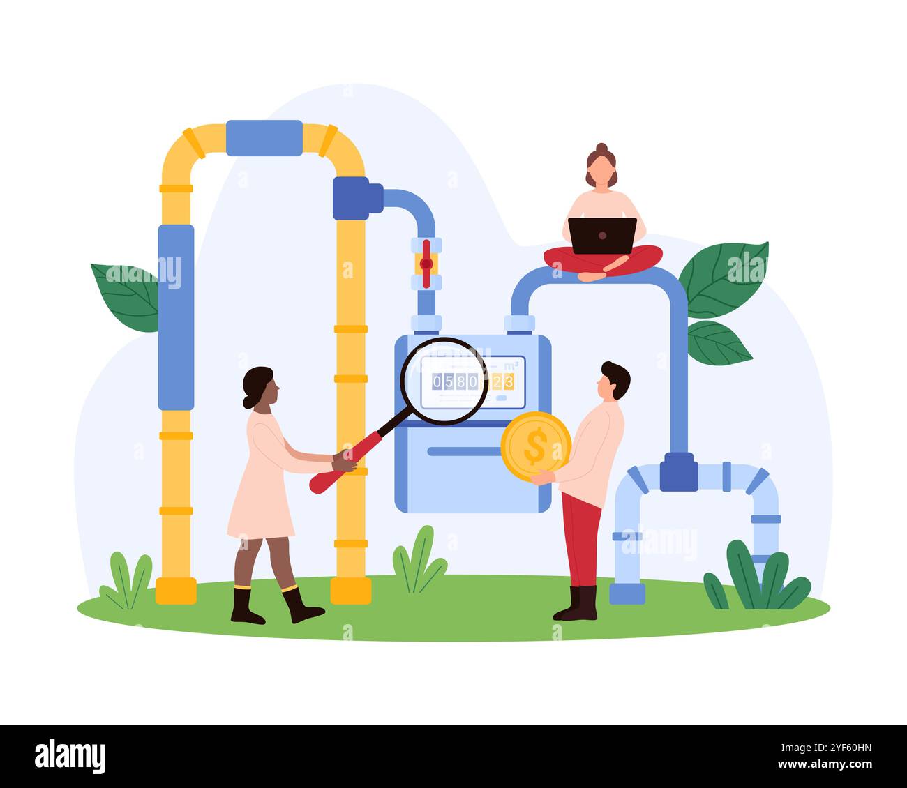 Concept of individuals inspecting a utility meter, reviewing ...